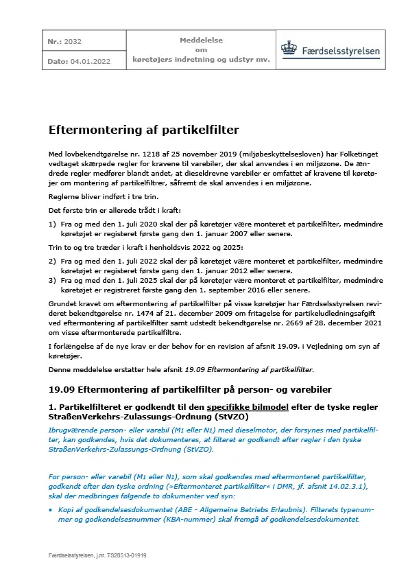 Meddelelse nr 2032 - Eftermontering af partikelfilter - Om køretøjers indretning og udstyr mv.